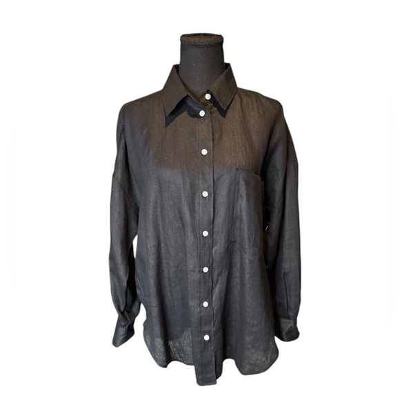 Zara | Tops | Zara Black Linen Button Down Shirt Oversized Fit 0 Linen ...
